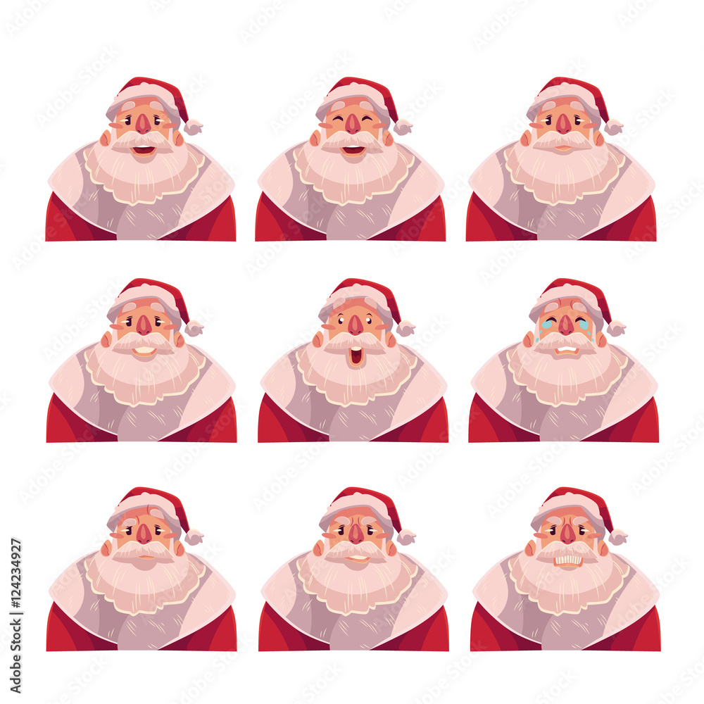 Santa Claus face expressions, set of cartoon vector illustrations ...