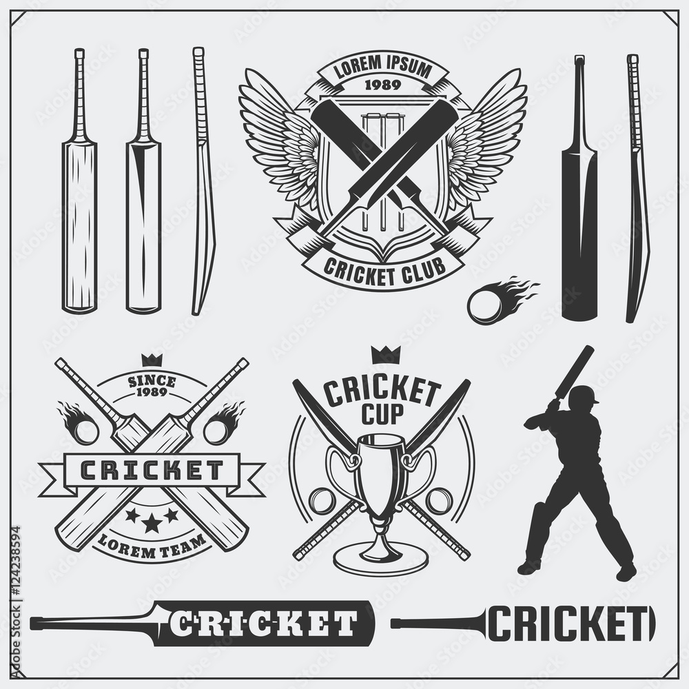 Set of cricket sports symbols, labels, logos and design elements ...