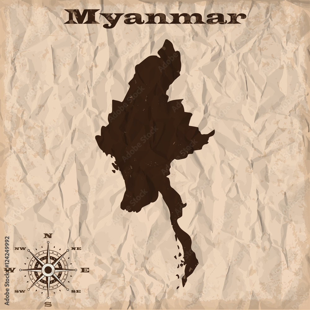Myanmar old map with grunge and crumpled paper. Vector illustration ...