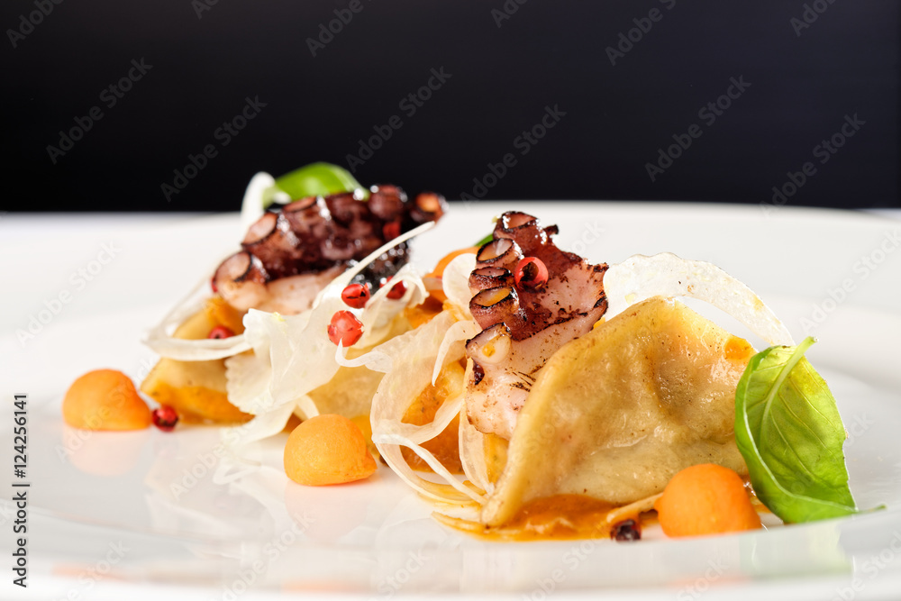 Fine dining ravioli with octopus Stock-Foto | Adobe Stock