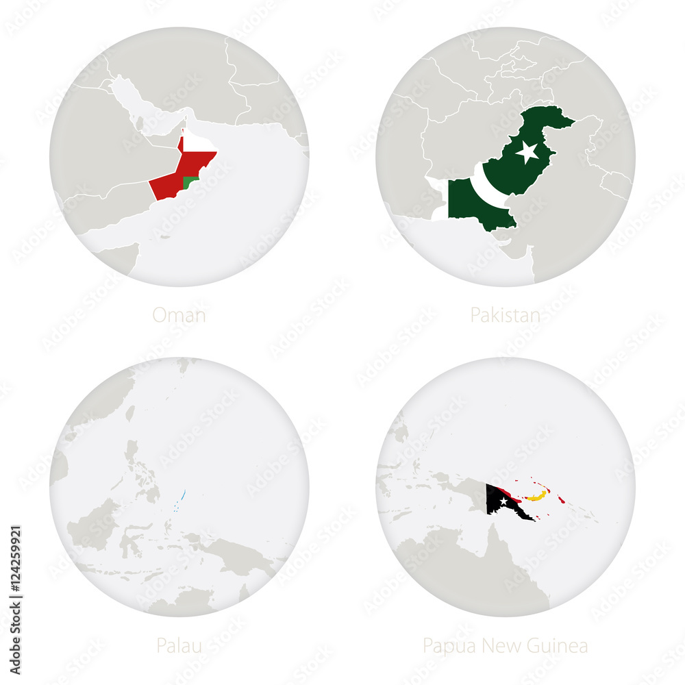 Oman, Pakistan, Palau, Papua New Guinea map contour and national flag ...