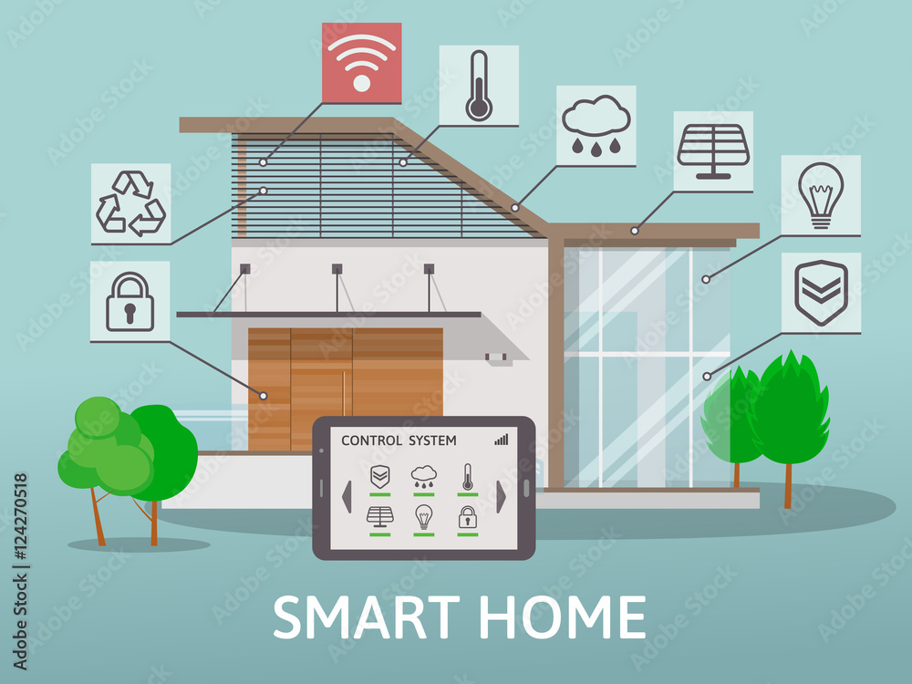 Modern Big Smart Home with terrace. Flat design style concept ...