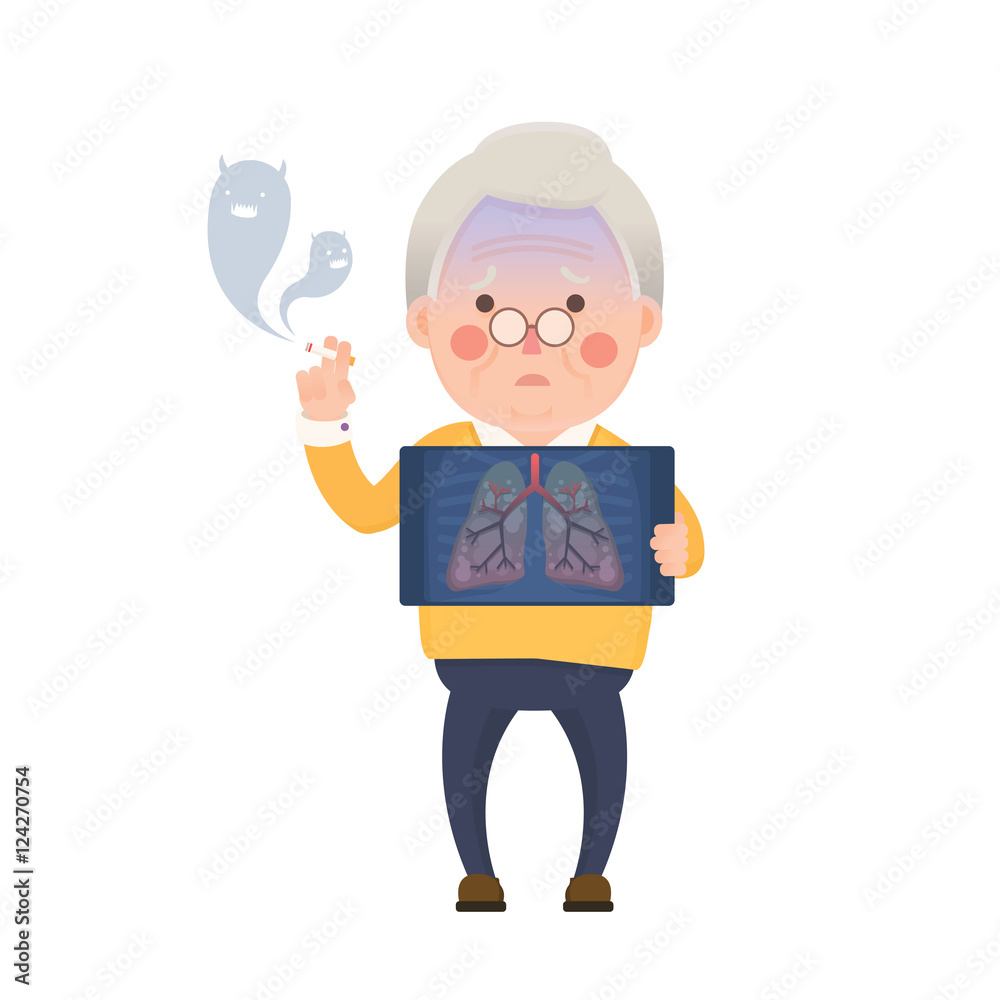Vector Illustration of Old Man Smoking Cigarette While Holding X-ray ...