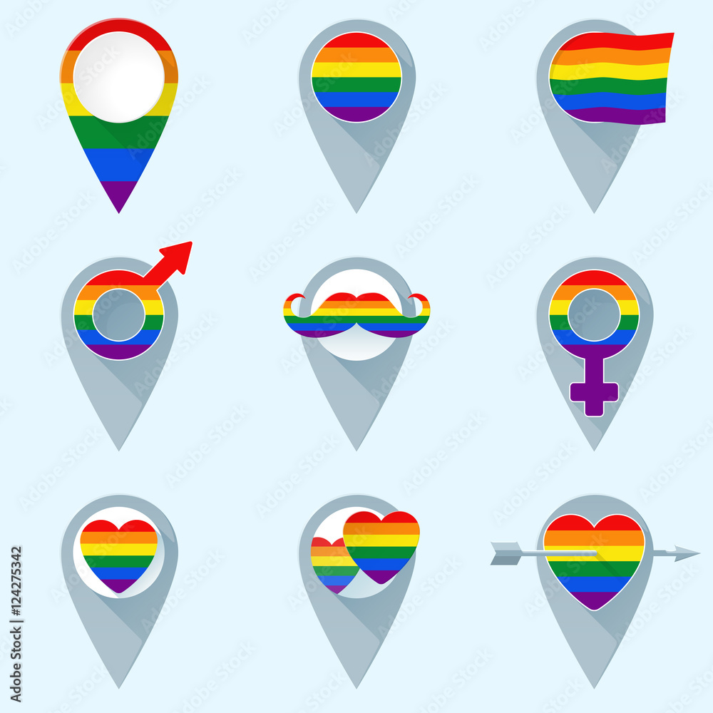 Set of colorful map markers with rainbow flag. Gay symbols. Stock ...