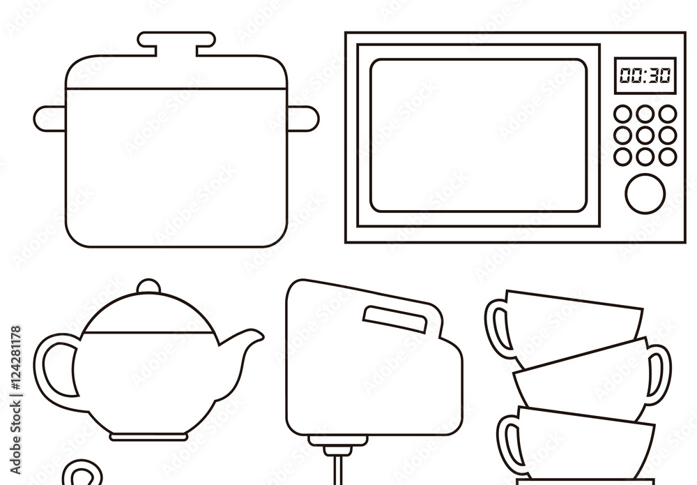 23 Black Outlined Kitchen Items Stock Template | Adobe Stock