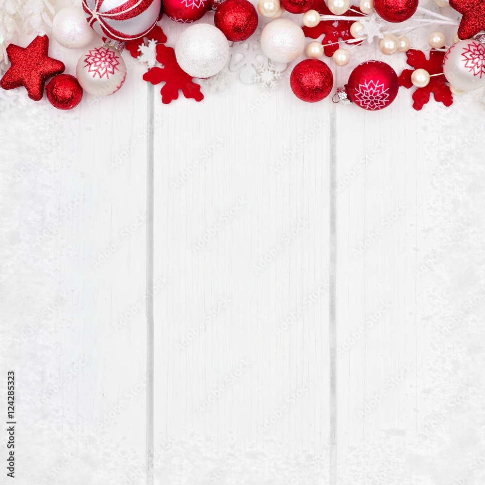 Red and white Christmas ornament top border with snow frame on a white ...