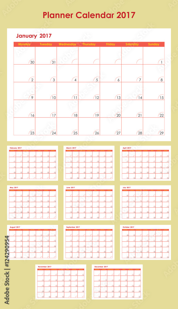 Monthly Planner Calendar for 2017, Week Starts Monday, Vector ...