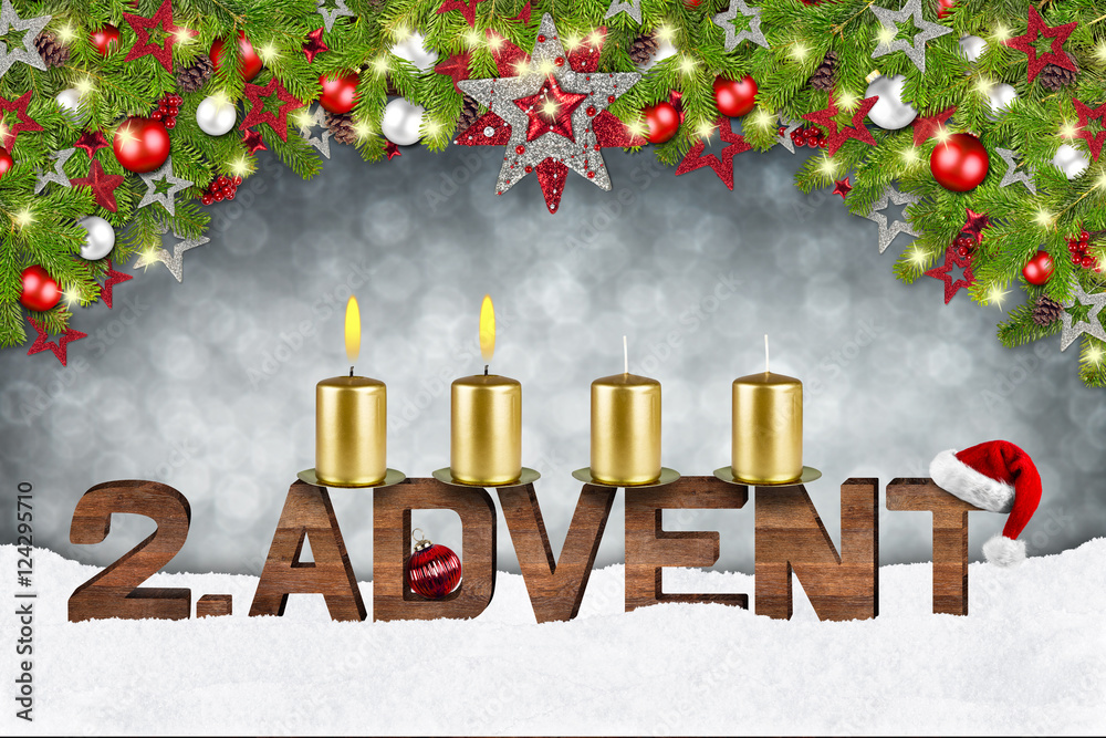 second sunday of advent conept with candles and red silver decorated ...