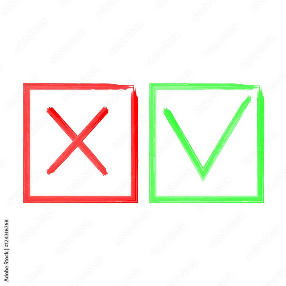 Watercolor brush check marks, tick marks, approve and wrong symbol ...