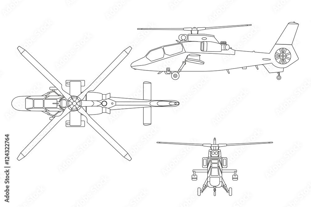 Outline drawing of helicopter. The helicopter in three views: to Stock ...
