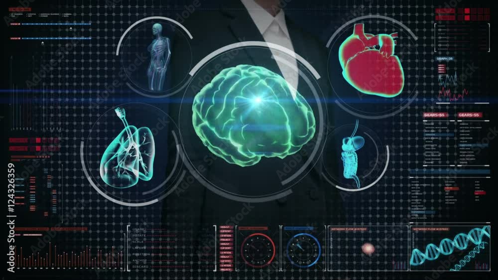 Stockvideo Businesswoman touching digital screen, Scanning brain, heart ...