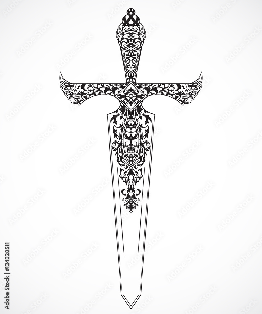 Medieval sword with ornament. Vintage hand drawn vector illustration ...
