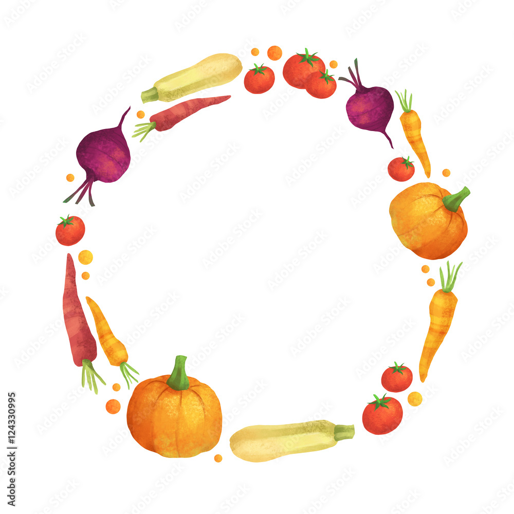 Cute vegetable round wreath on white isolated background. Organic food ...