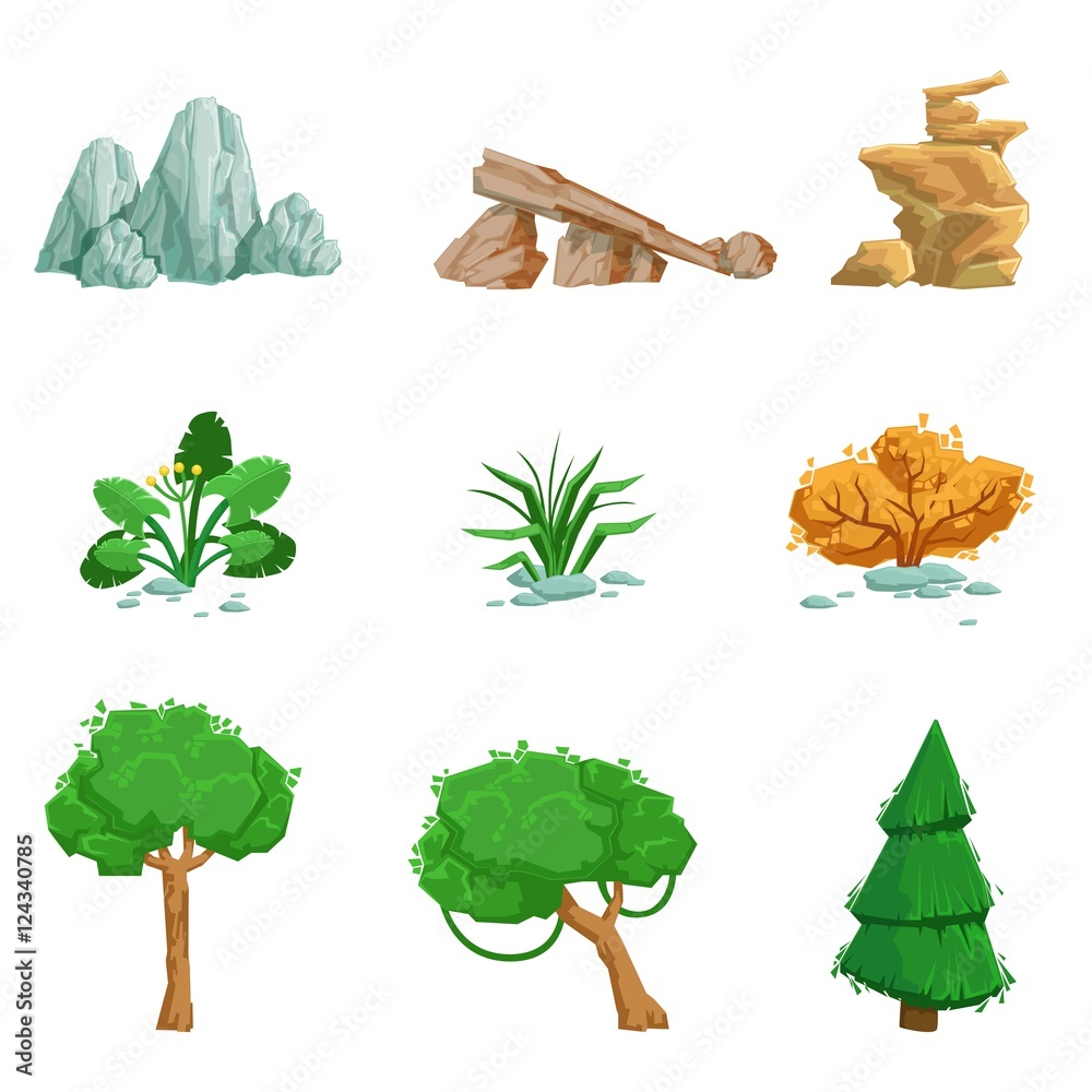 Landscape Natural Elements Set Of Detailed Icons Stock Vector | Adobe Stock