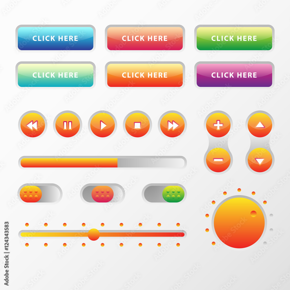 Web UI UX Music Elements Design set: Buttons, Switchers, Slider, loader ...