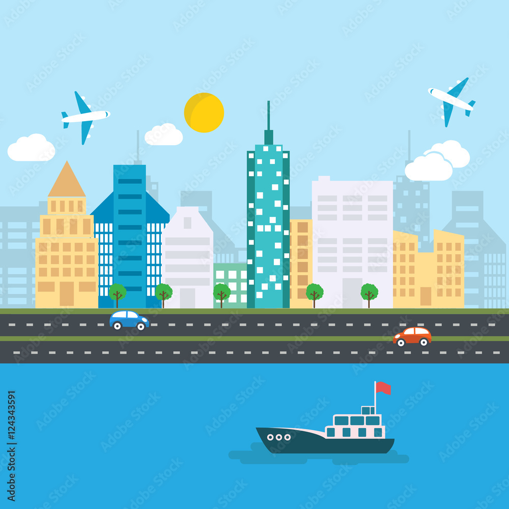 Transportation and city landscape element. container ship at freight ...