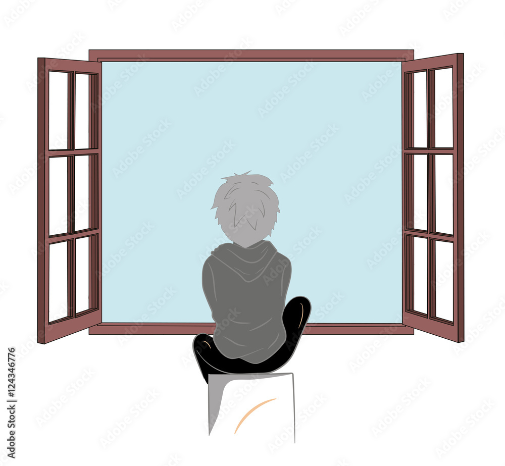 boy sitting by the open window. vector illustration. Stock Vector ...