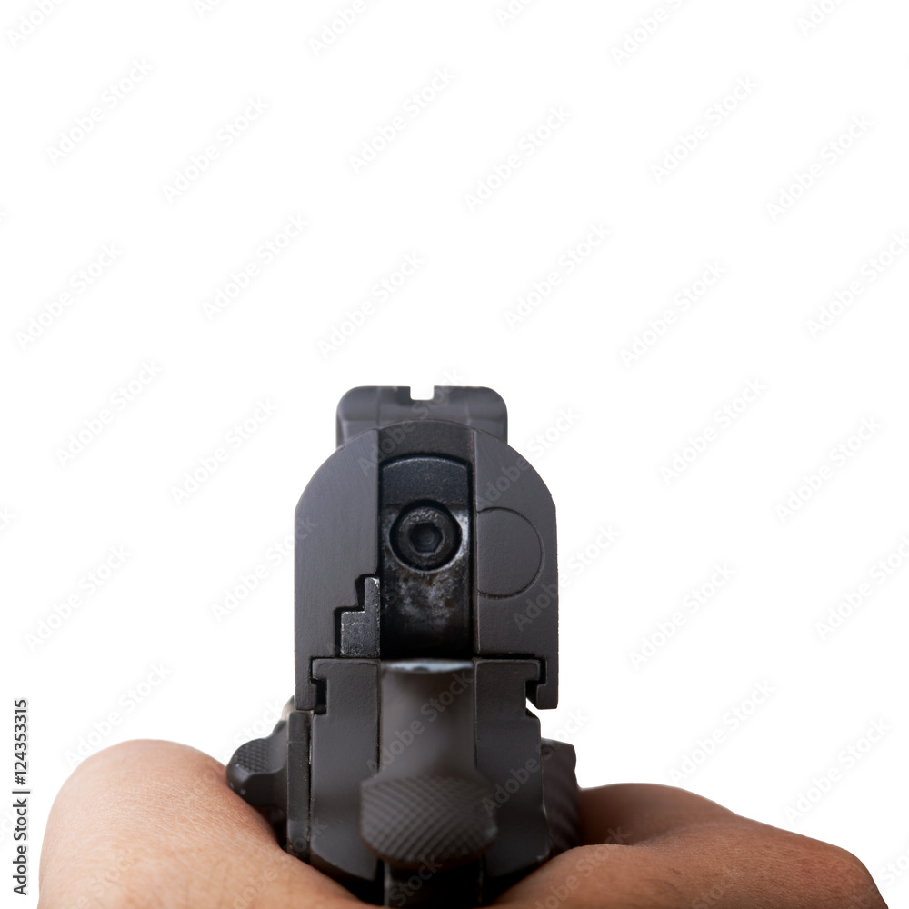 Hand holding a handgun point view. Isolated first person view hand ...