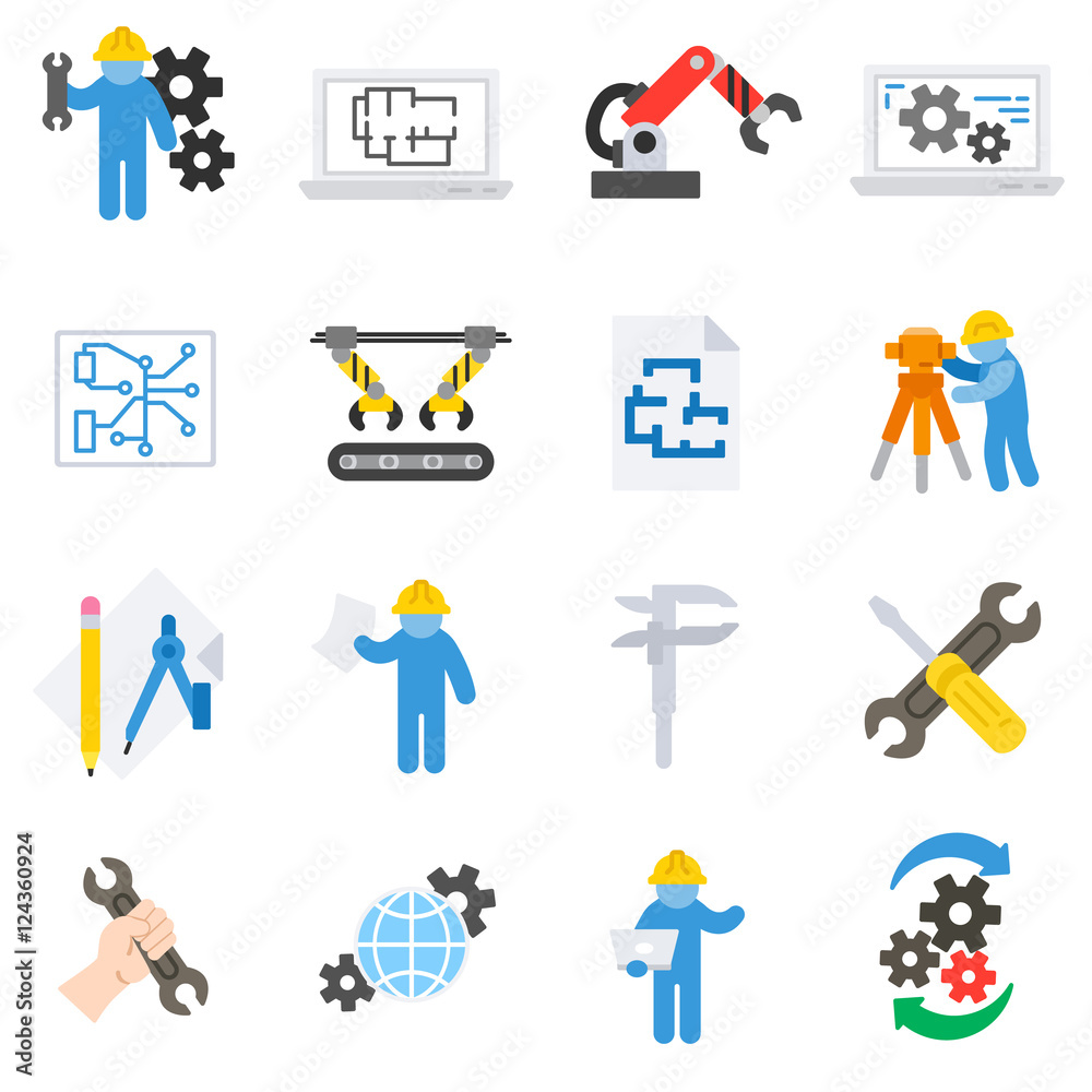 Engineering, icons set. Engineer job, flat design, symbols collection ...