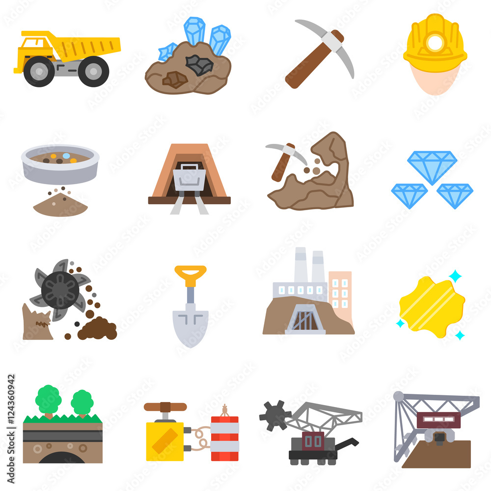 Work at mine, icons set. Extraction of minerals from the earth ...