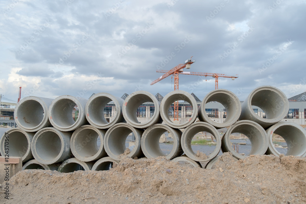 Cement pipe / View of concrete drainage pipes with construction site ...