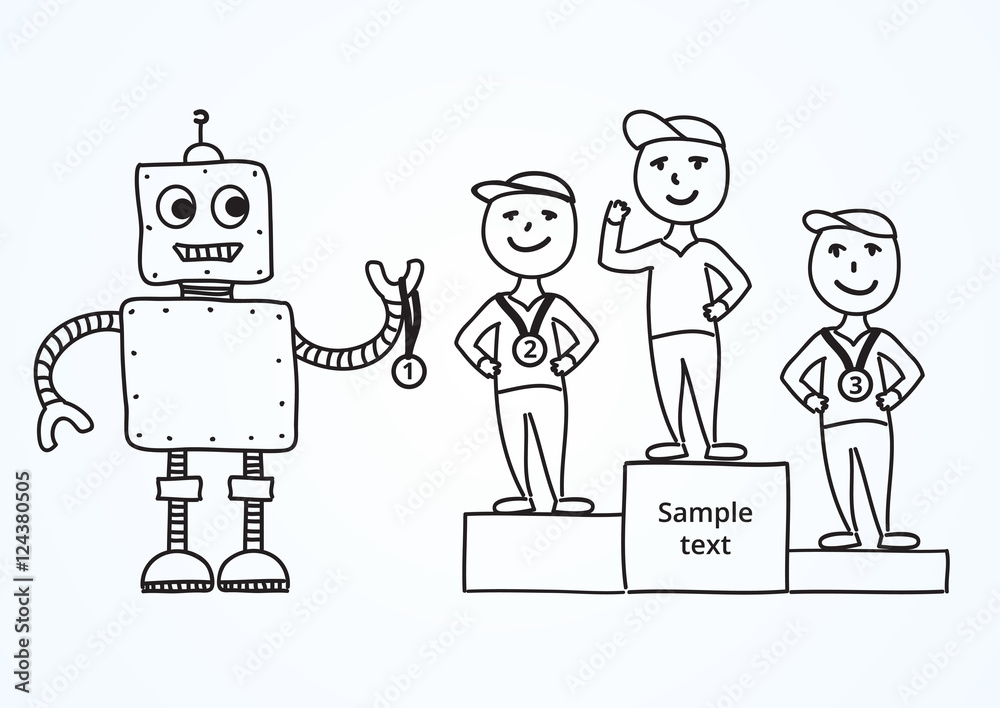 Hand drawn vector illustration, cartoon robot awards winners with ...