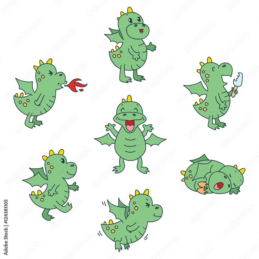 Set of funny little dragons isolated on white background. Doodle vector ...