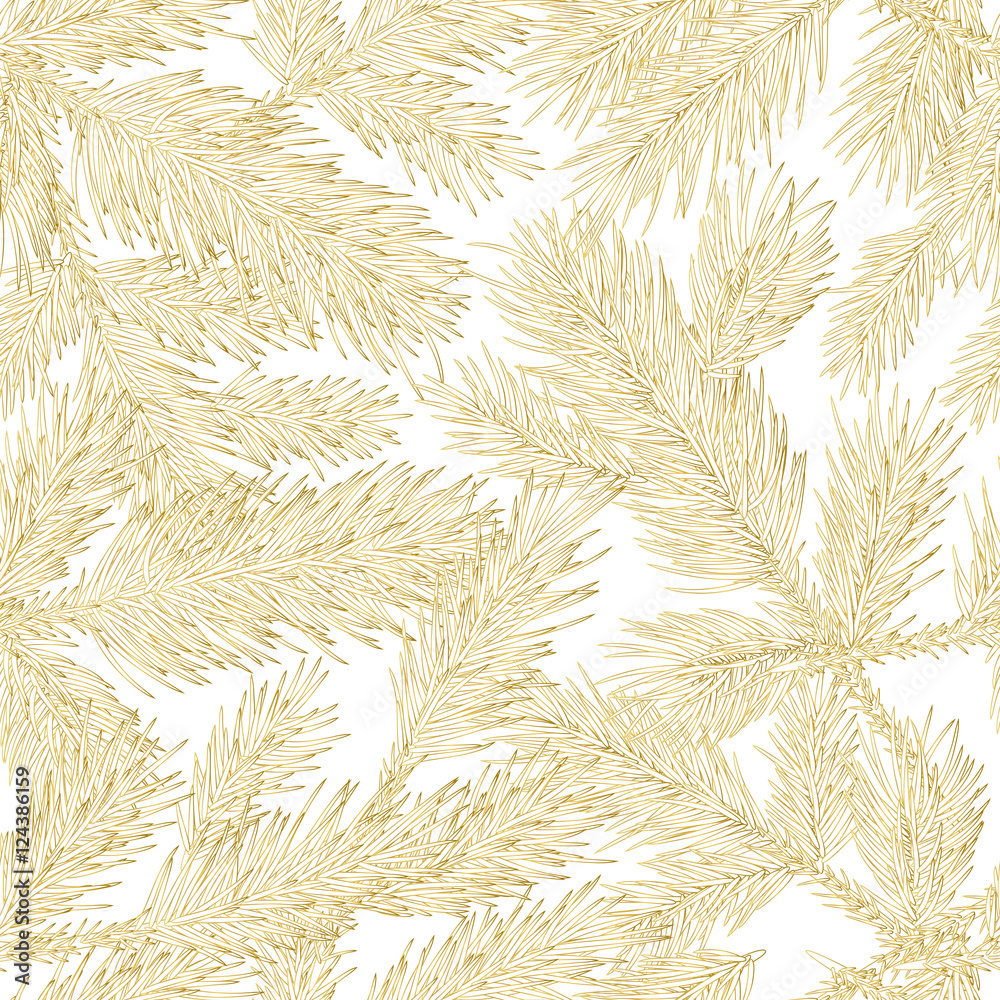 Vector golden fir branches seamless pattern. Gold and white background ...