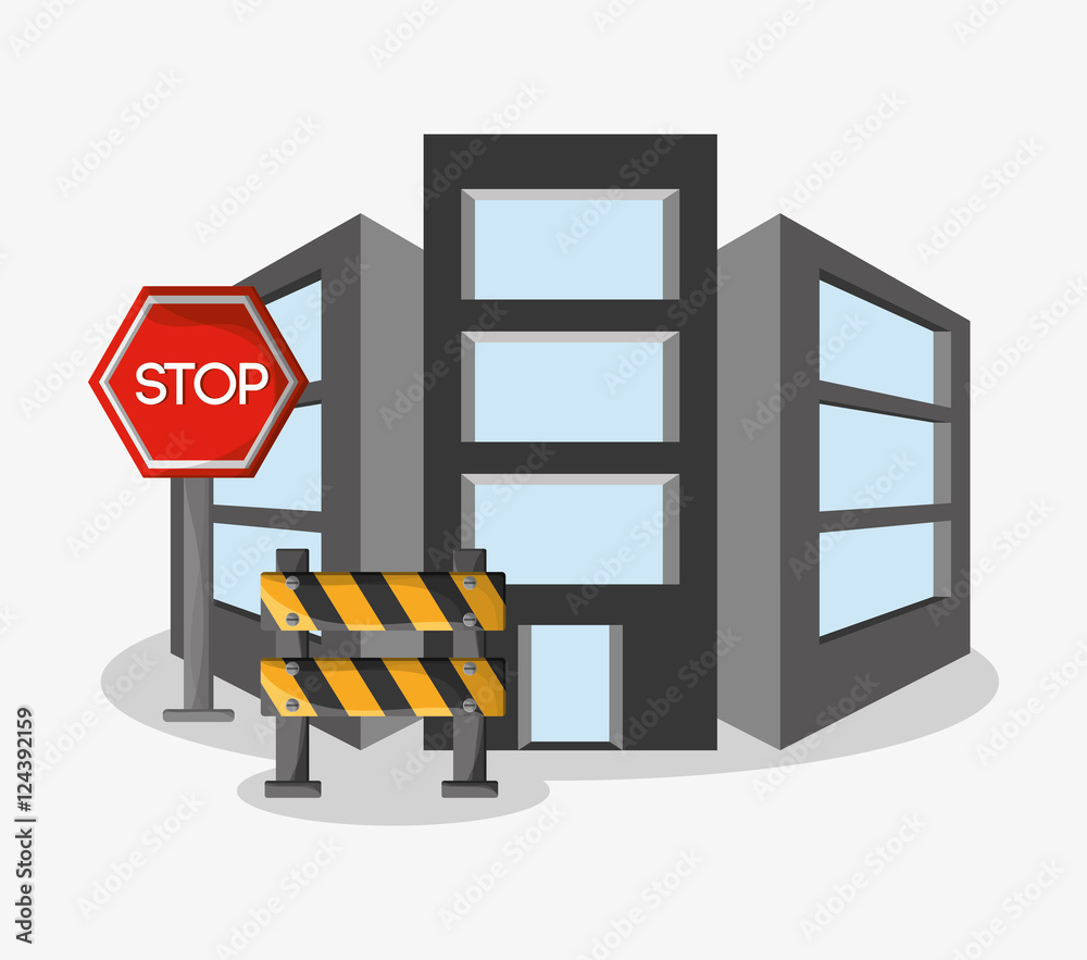 Barrier stop sign and building icon. Under construction work repair and ...