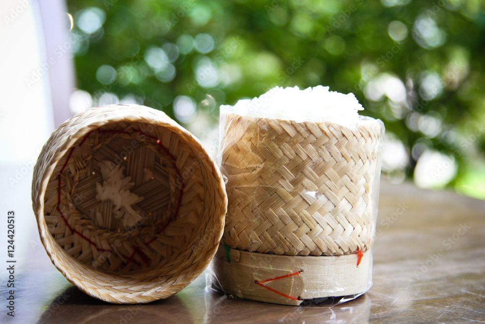 Thai sticky rice in a bamboo wooden old style container Stock Photo ...