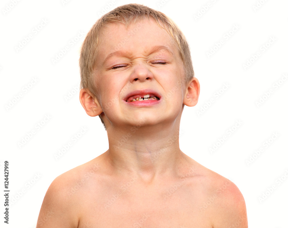 Little Boy Child making sore crying Face showing Calf's Teeth Decay ...