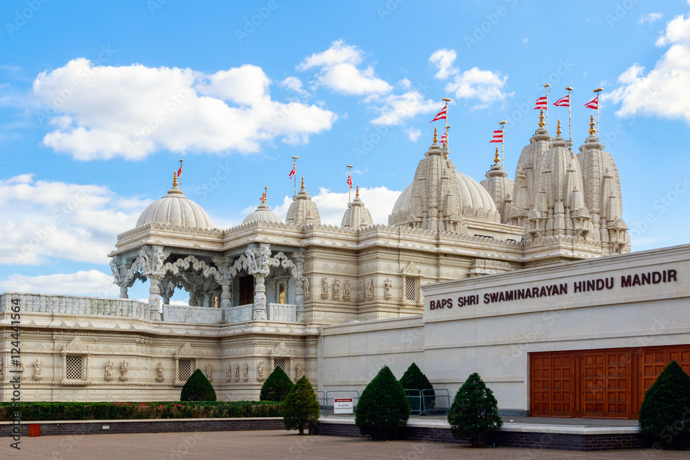 Exterior of the Hindu temple, BAPS Shri Swaminarayan Mandir, in Neasden ...