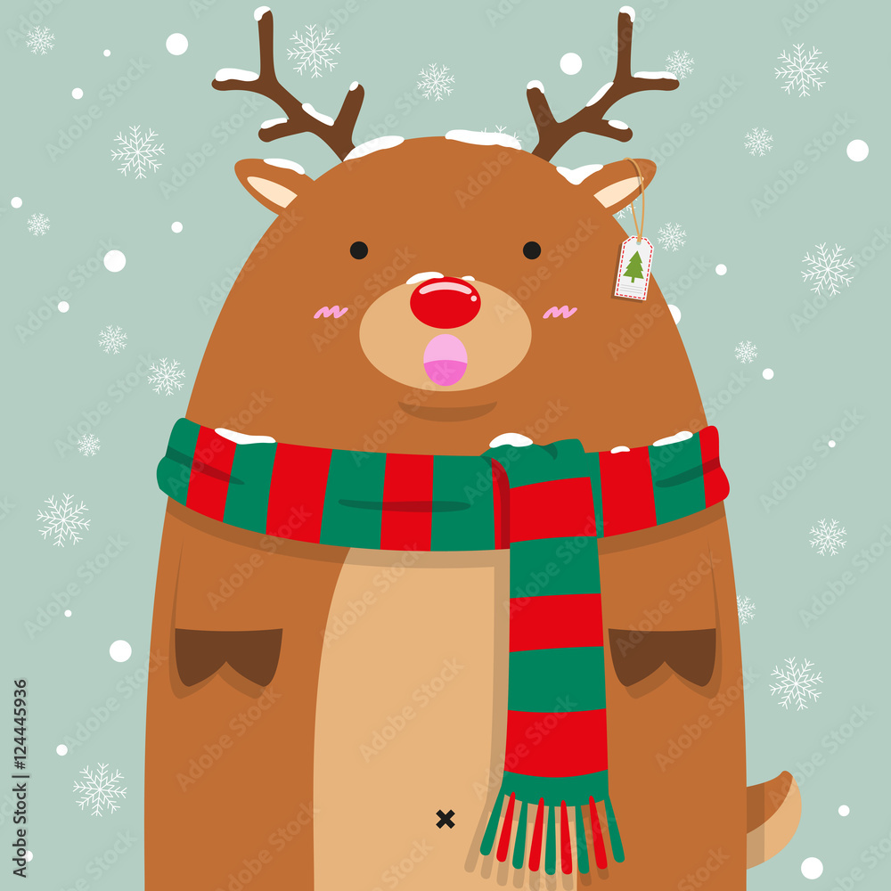 cute fat big reindeer Rudolf wear green and read pattern scarf on ...