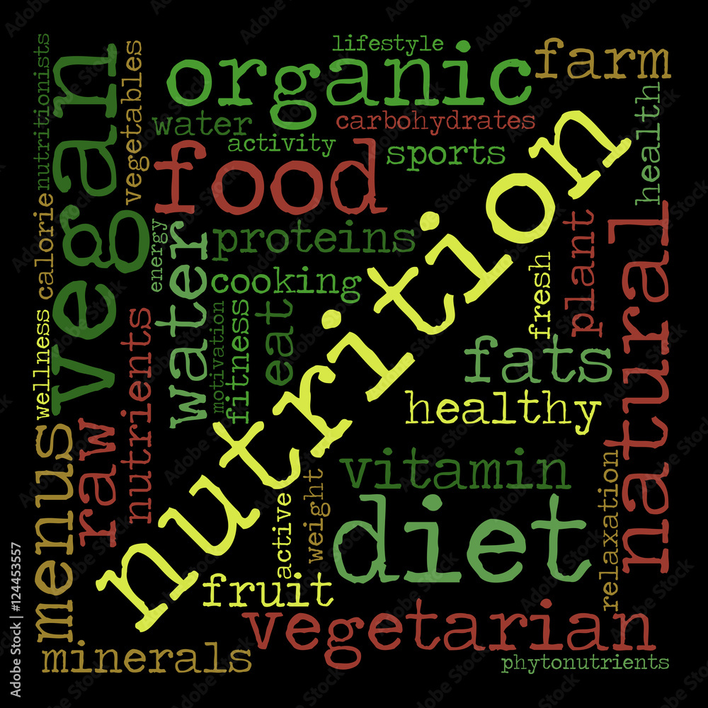 Nutrition word cloud. Healthy food concept. Vector. Black background ...