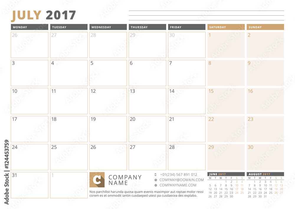 Calendar Template for 2017 Year. July. Business Planner 2017 Template ...