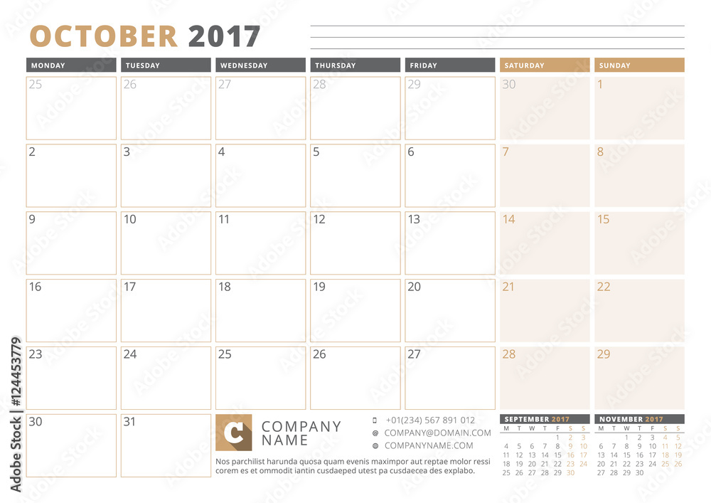 Calendar Template for 2017 Year. October. Business Planner 2017 ...