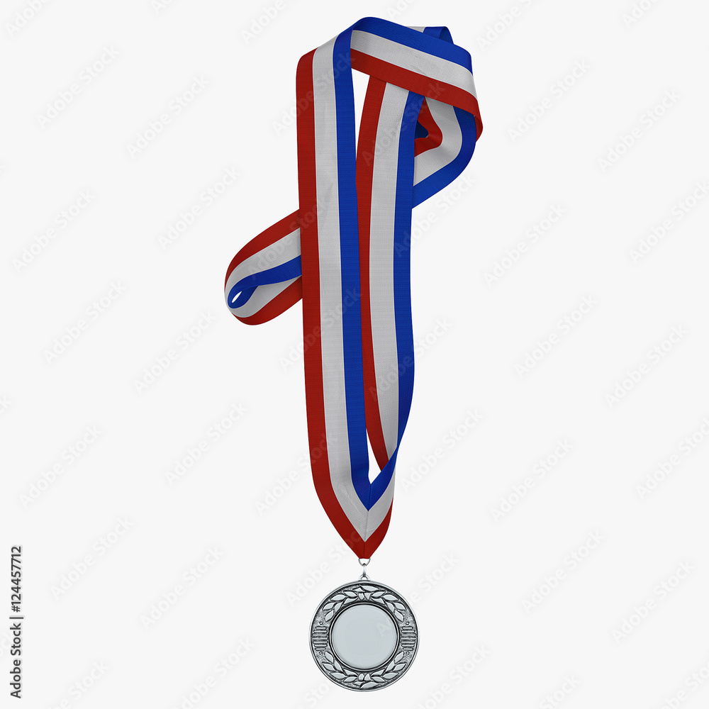 Silver medal with tricolor ribbon on white. 3D illustration Stock ...
