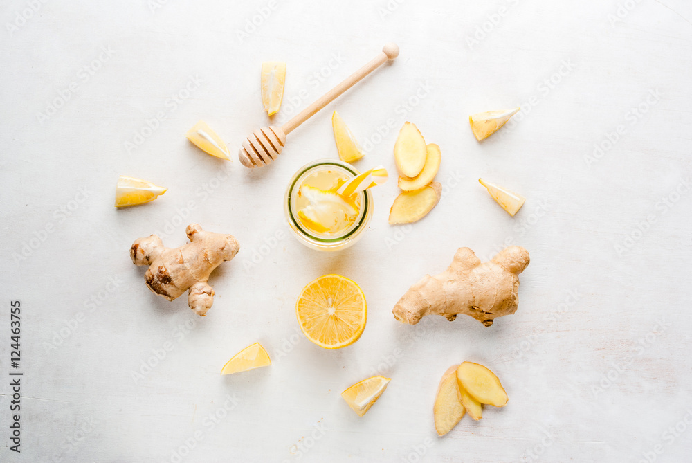 Ginger-lemon drink in a bottle with a straw. Selection of the ...