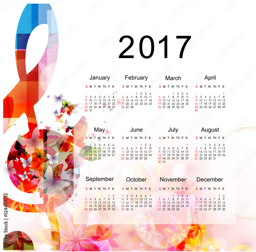 Calendar planner 2017 design template with colorful music notes. Music ...