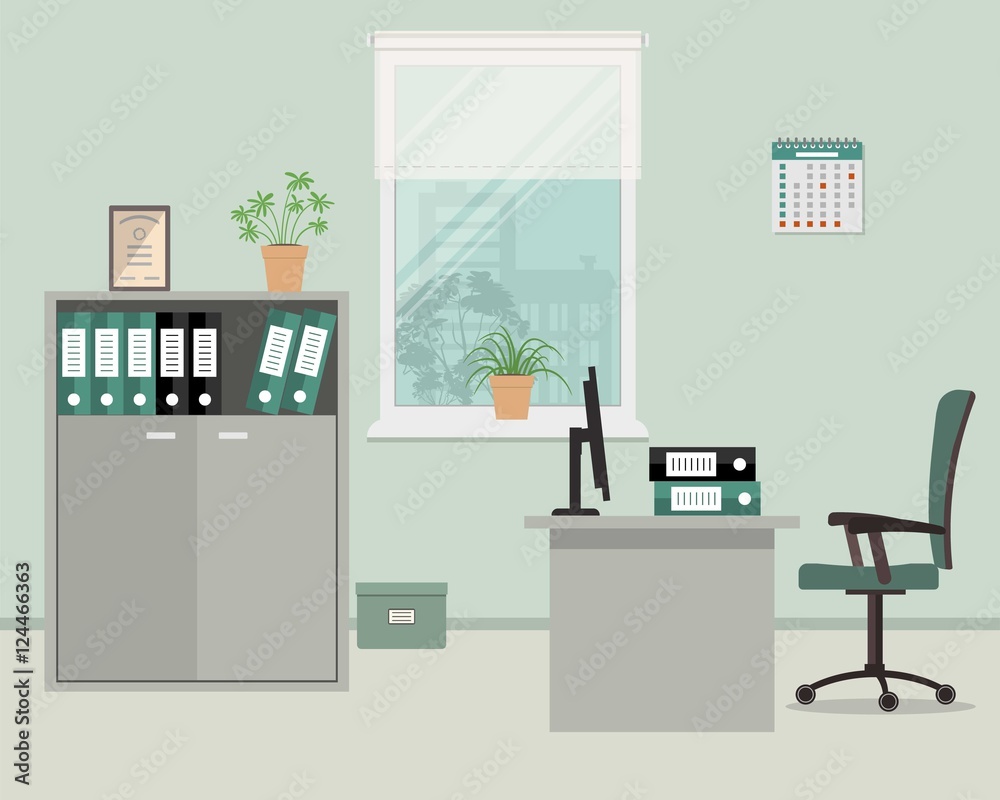 Workplace of office worker in grey color. There are such objects on a ...