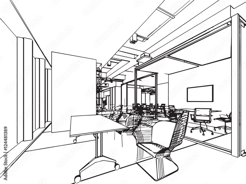 interior outline sketch drawing perspective of a space office Stock ...