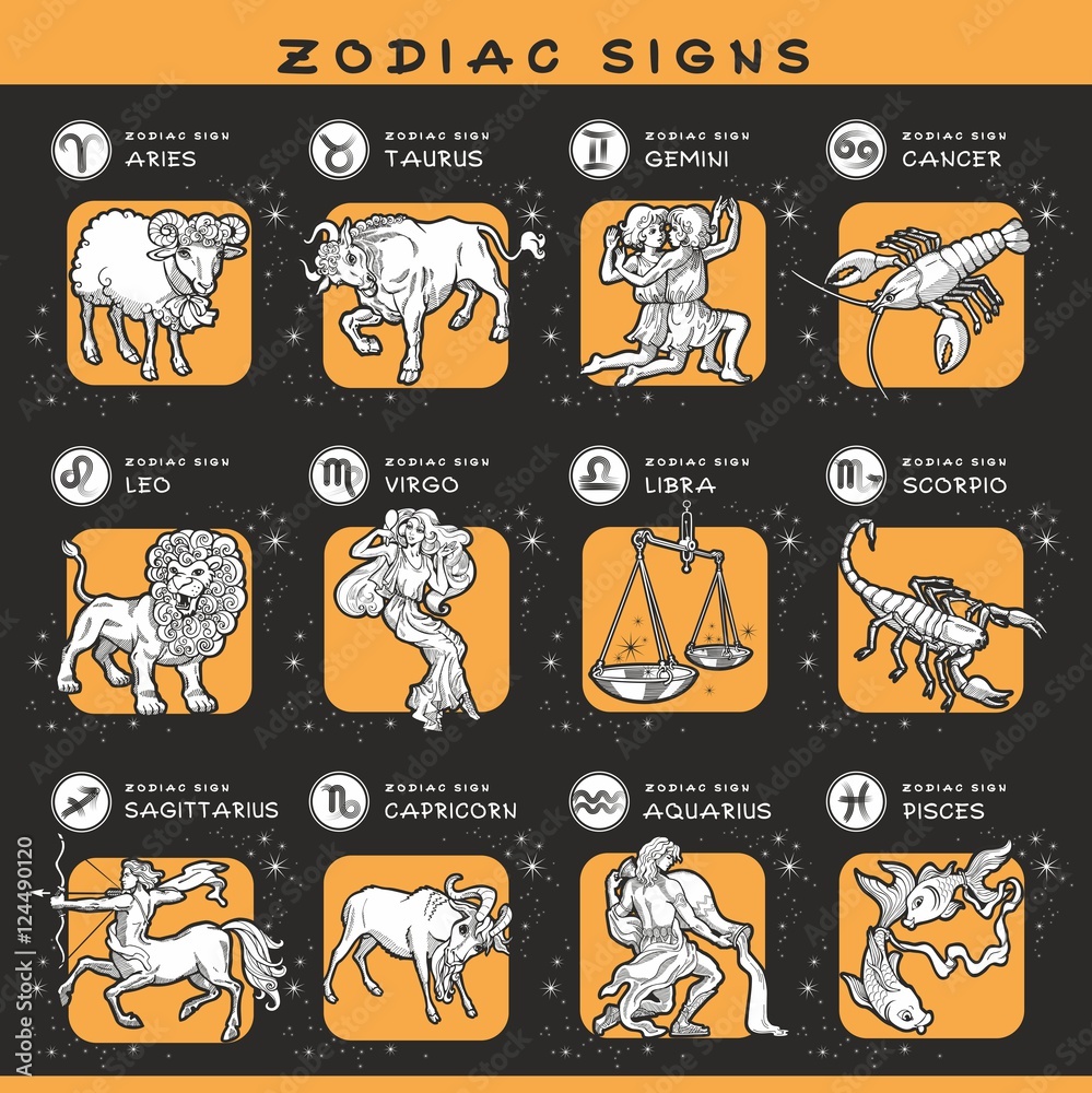 Set of Zodiac Signs. Traditional Images for Icons. Monochrome ...