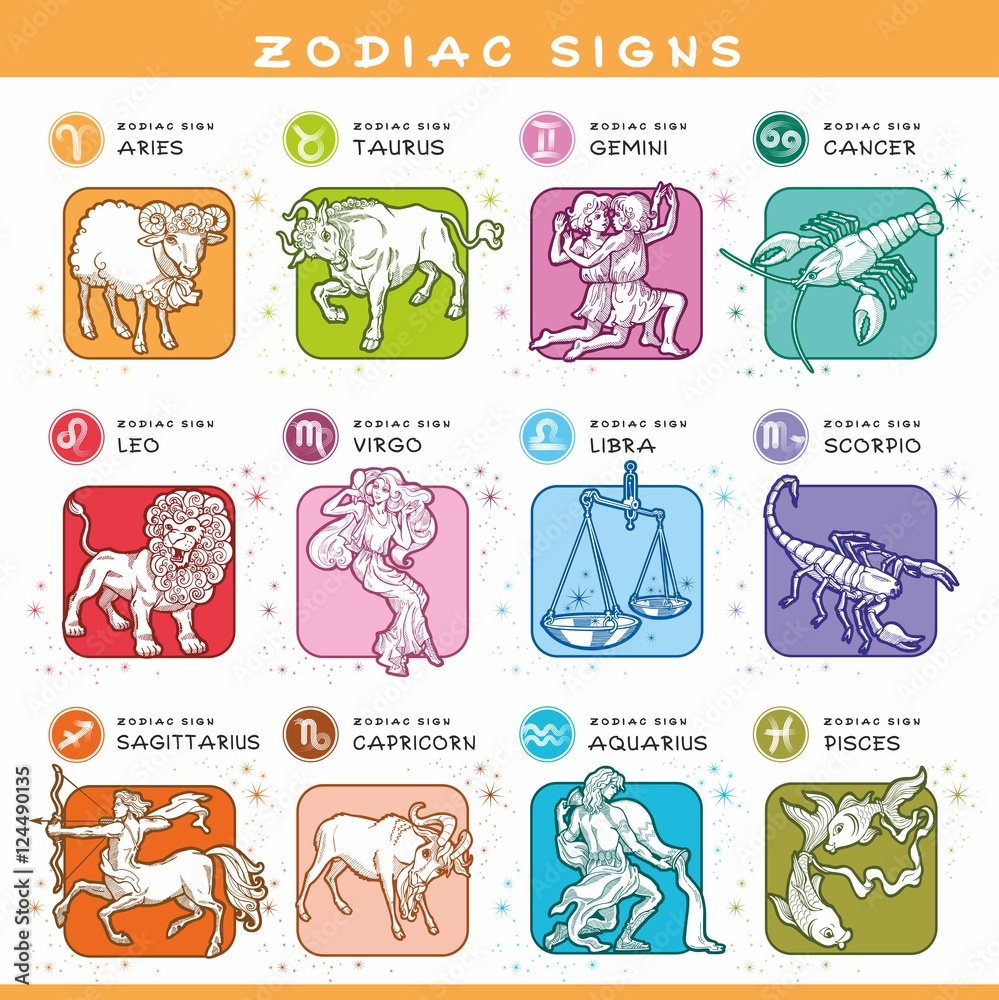 Set of Zodiac Symbols. Colored Icons of 12 Zodiac Signs. Traditional ...