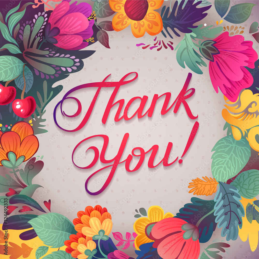 Thank you card in bright colors. Stylish floral background with text ...