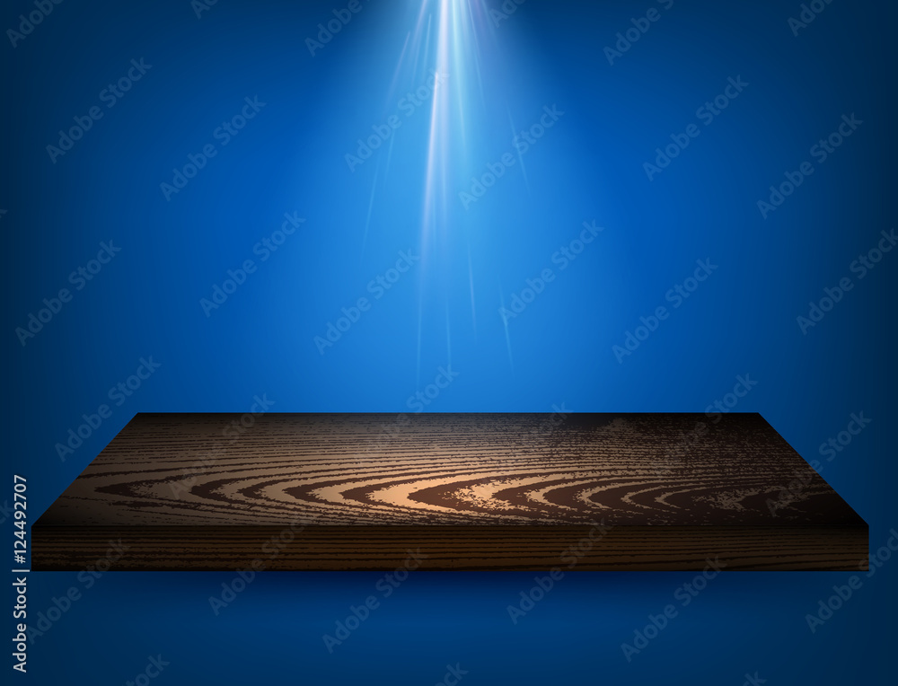 Blue background with wooden shelf. Stock Vector | Adobe Stock