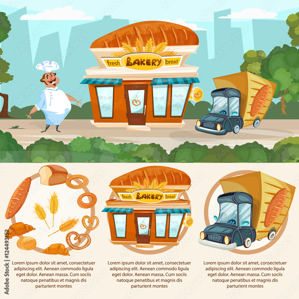 Bakery shop infographics fresh bread baker delivery truck vector set ...