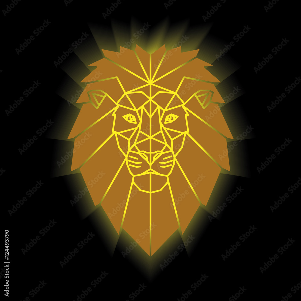 Gold lion head geometric lines silhouette isolated on black background ...