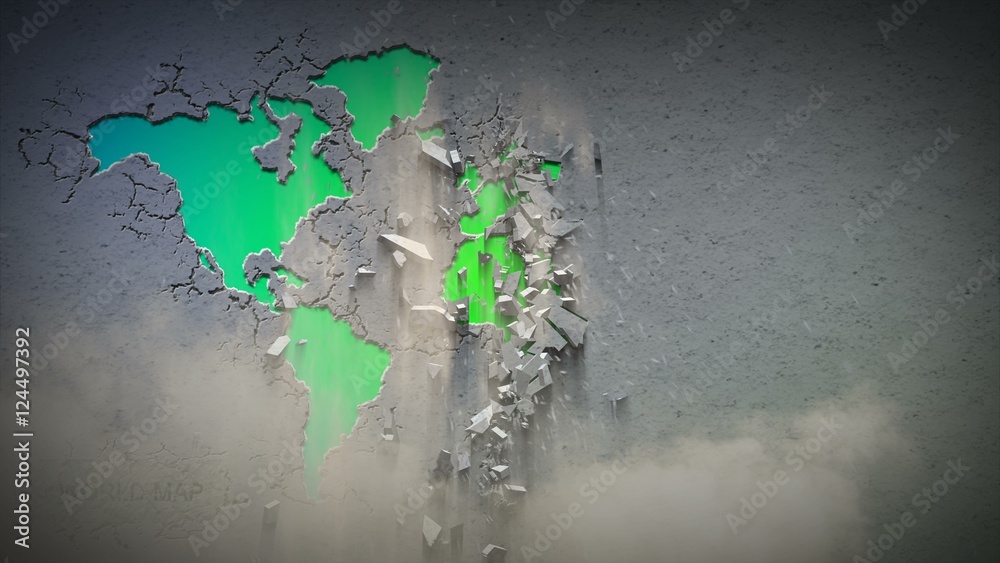 Crumbling Wall Revealing a World Map on Green Background. the Map ...