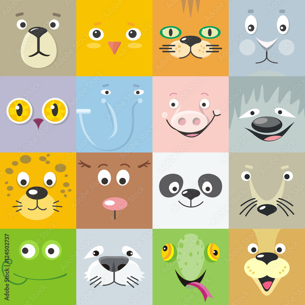 Set of Animal Faces Flat Style Vector Illustration Stock Vector | Adobe ...