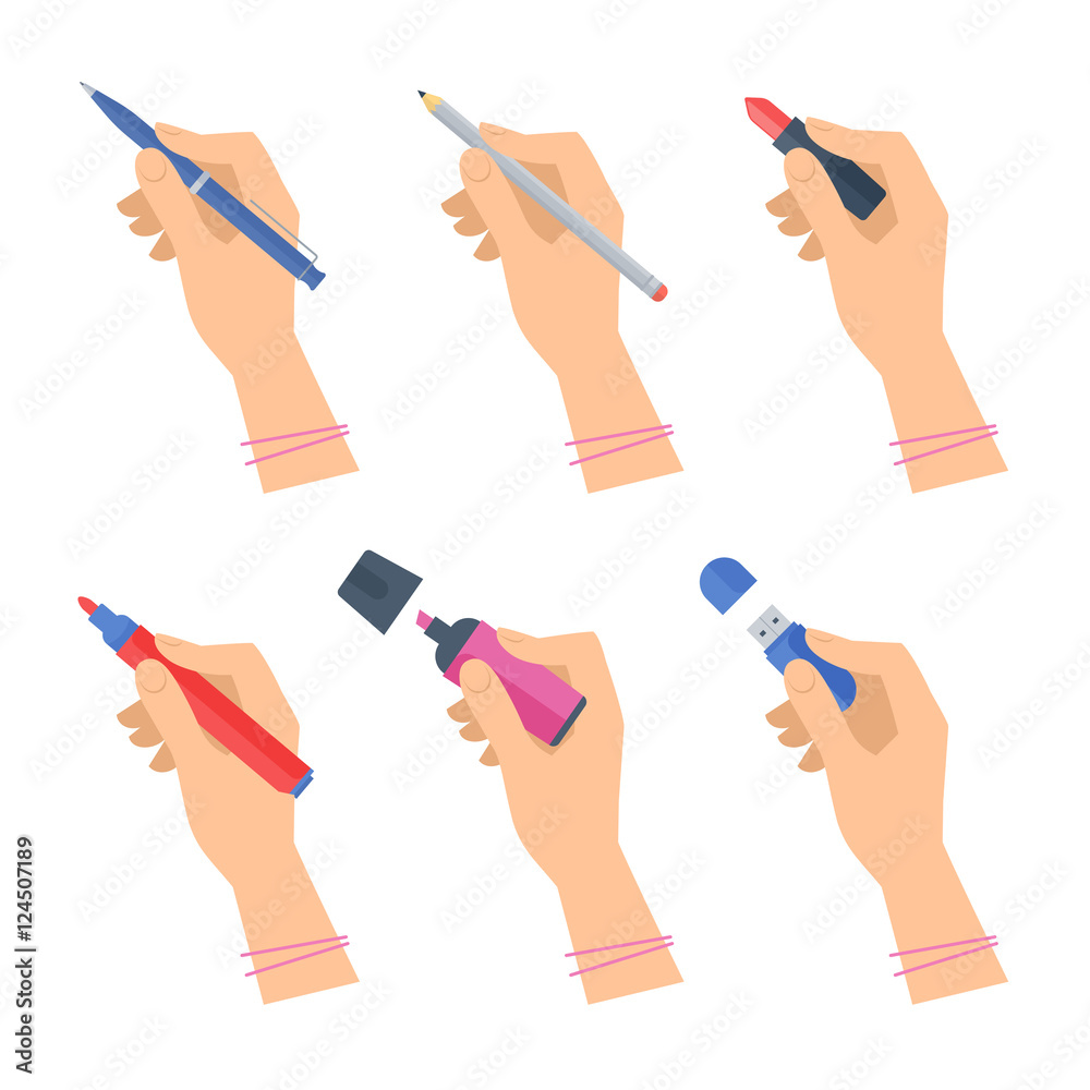Women's hands with writing tools and office supplies set. Flat ...